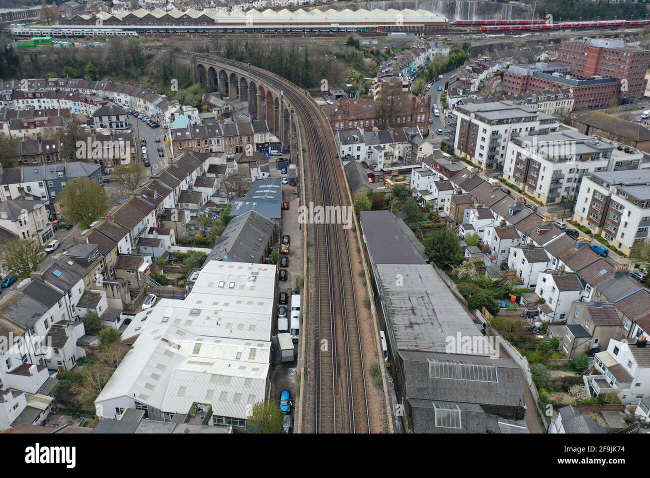 Aerial view of train track leading into Brighton station Stock Photo ...