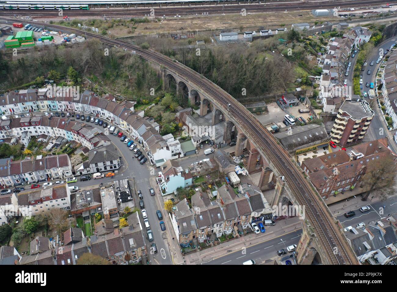 Aerial view of train track leading into Brighton station Stock Photo ...