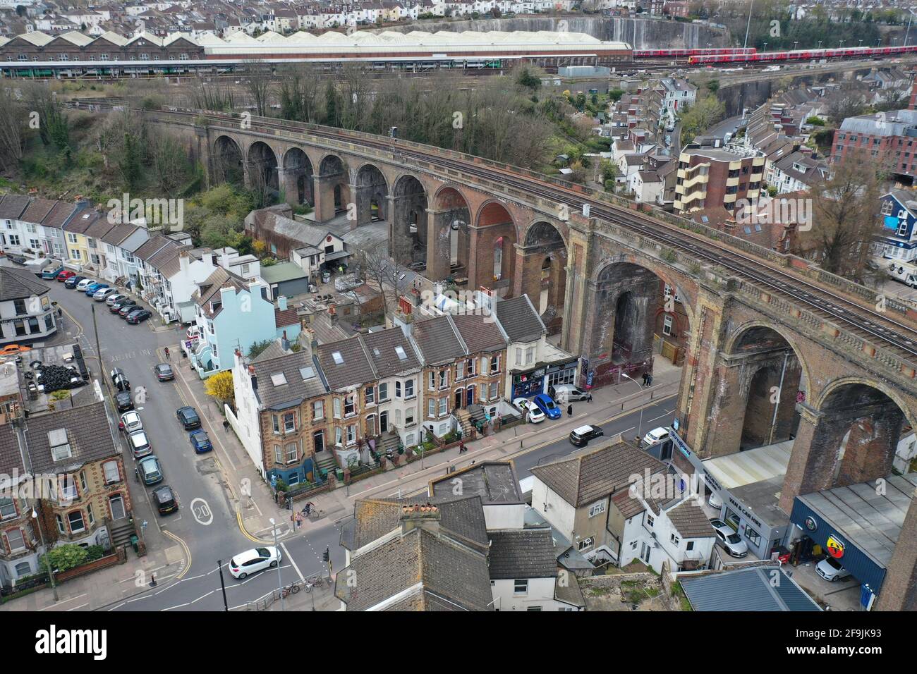 Aerial view of train track leading into Brighton station Stock Photo ...