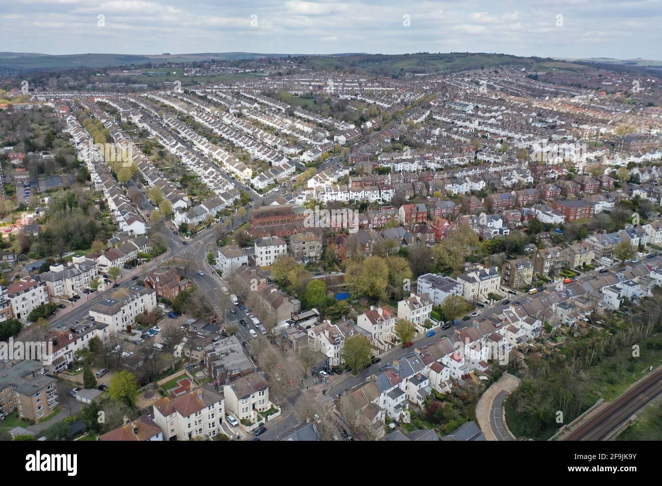Aerial view of Preston area of Brighton with Viaduct leading to train ...
