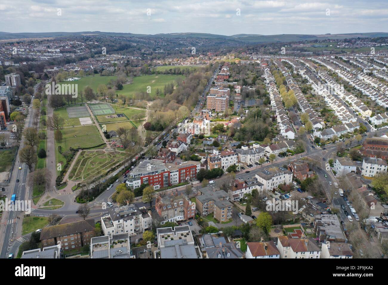 Aerial view of Preston area of Brighton with Viaduct leading to train ...