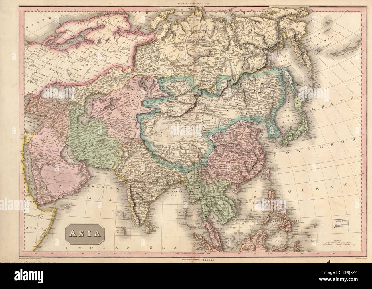 Beautiful vintage hand drawn Pinkerton's map of Asia from 1818 with ...
