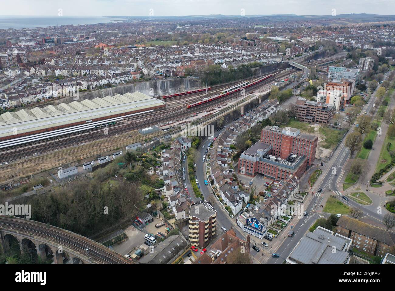 Aerial view of Preston area of Brighton with Viaduct leading to train ...