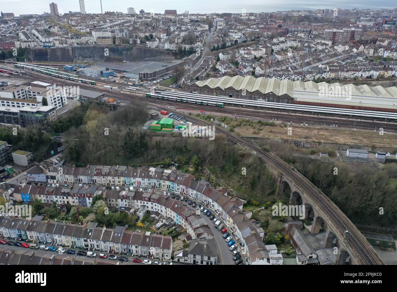 Aerial view of Preston area of Brighton with Viaduct leading to train ...