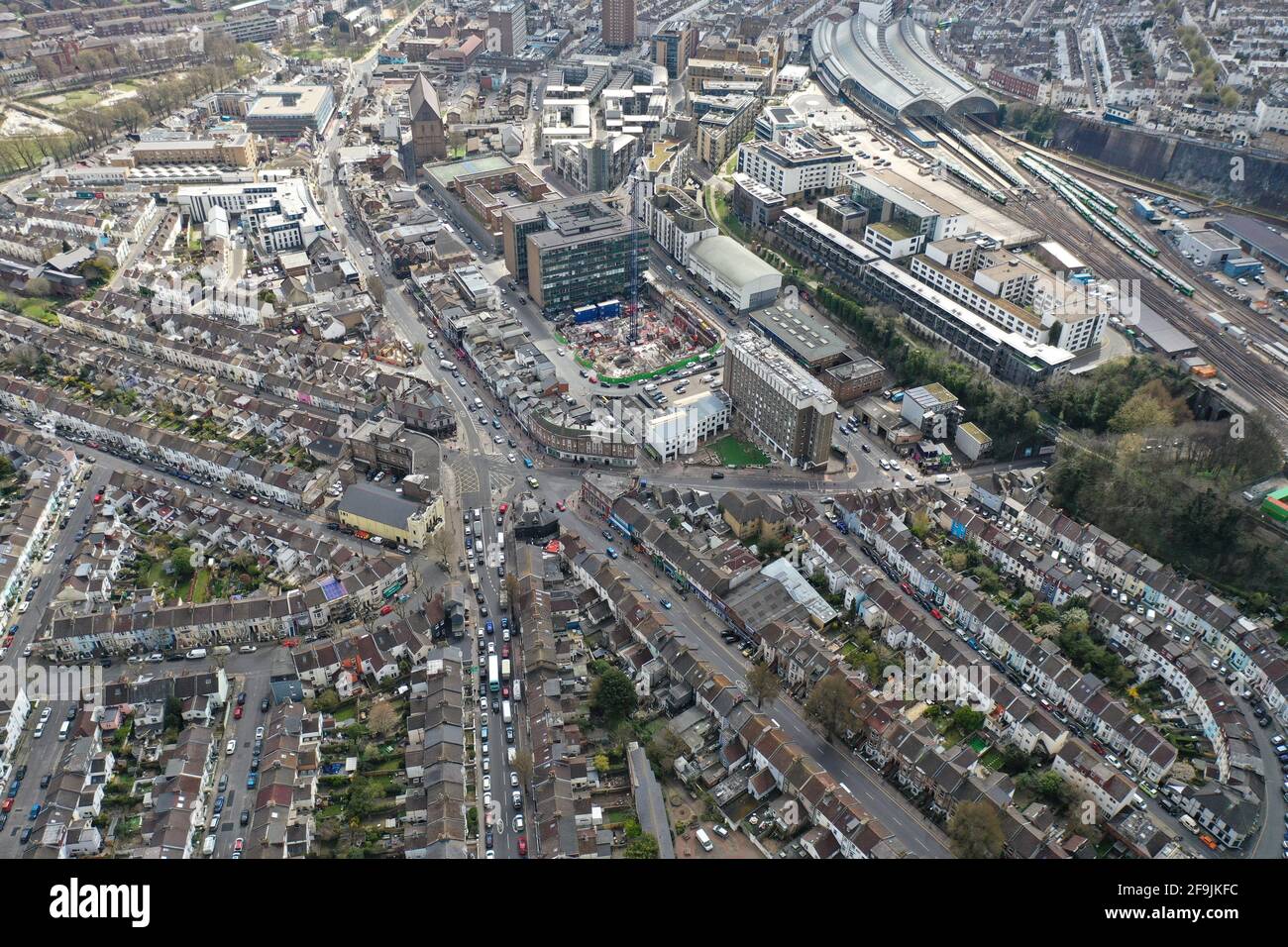 Aerial view of Preston area of Brighton with Viaduct leading to train ...