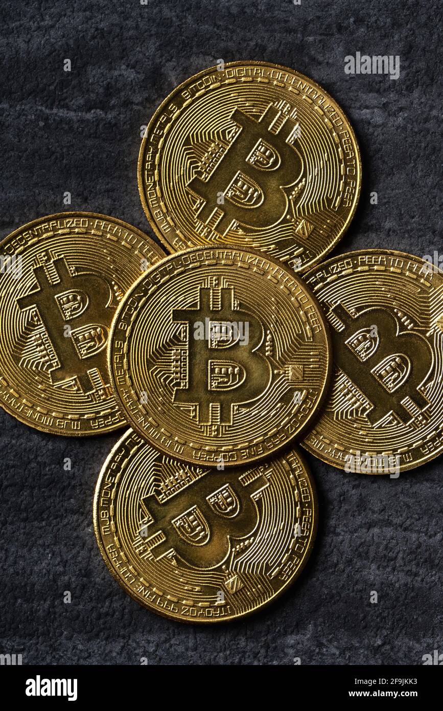 Bitcoin. Top view business cryptocurrency concept money on dark black ...