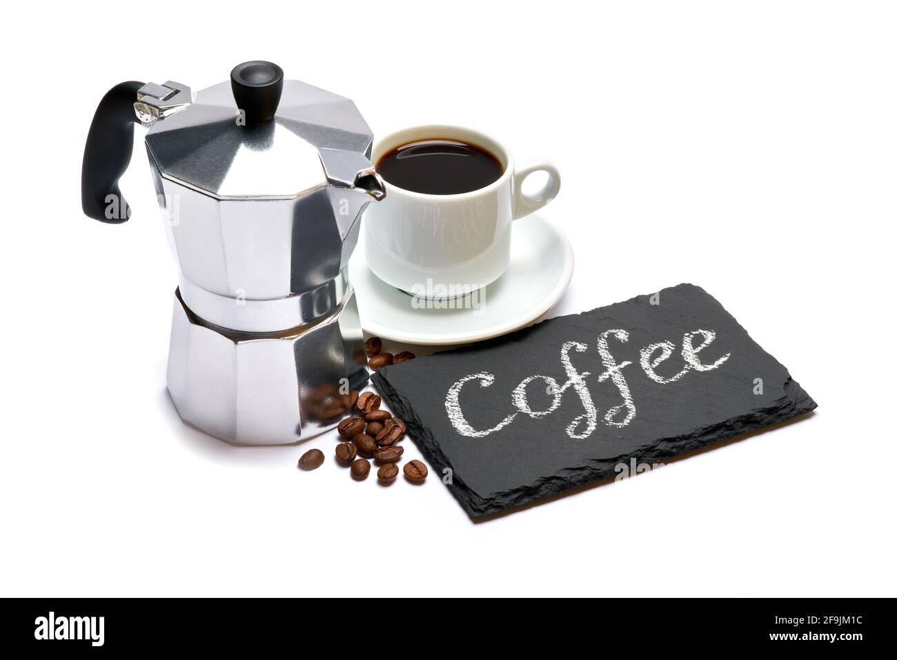 Coffee handwritten inscription sign on chalk board and cup of espresso ...