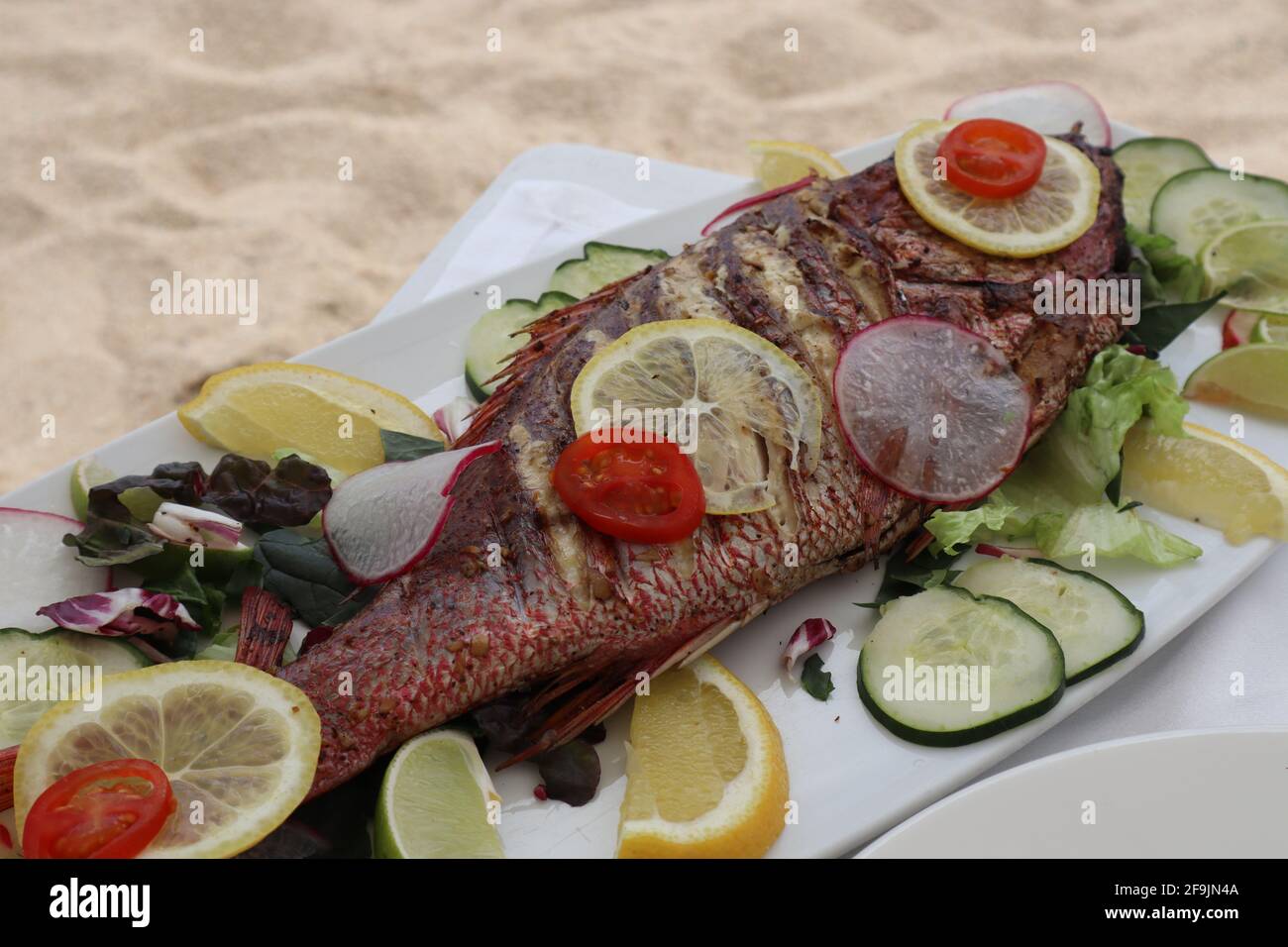 Fresh whole red snapper dish with citrus garnishes served beachside at ...