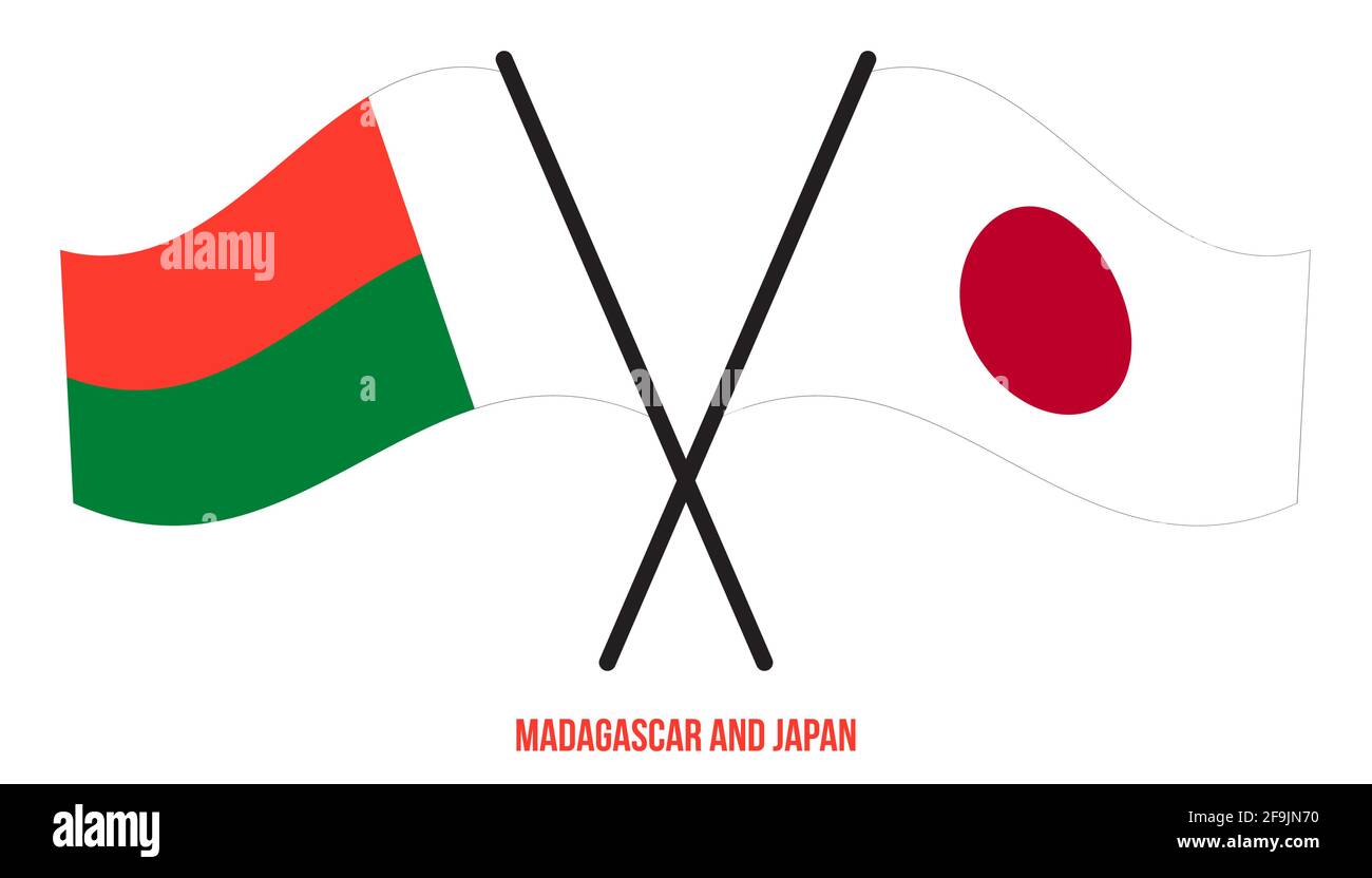 Madagascar and Japan Flags Crossed And Waving Flat Style. Official ...