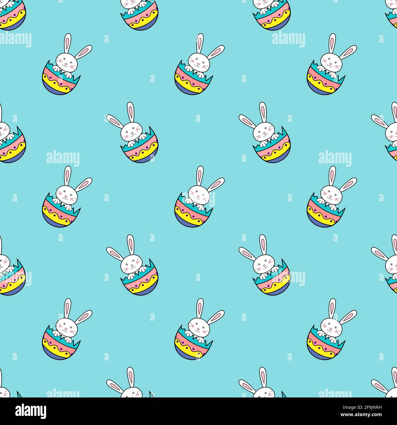 Happy Easter seamless pattern with rabbit in egg shell on blue ...