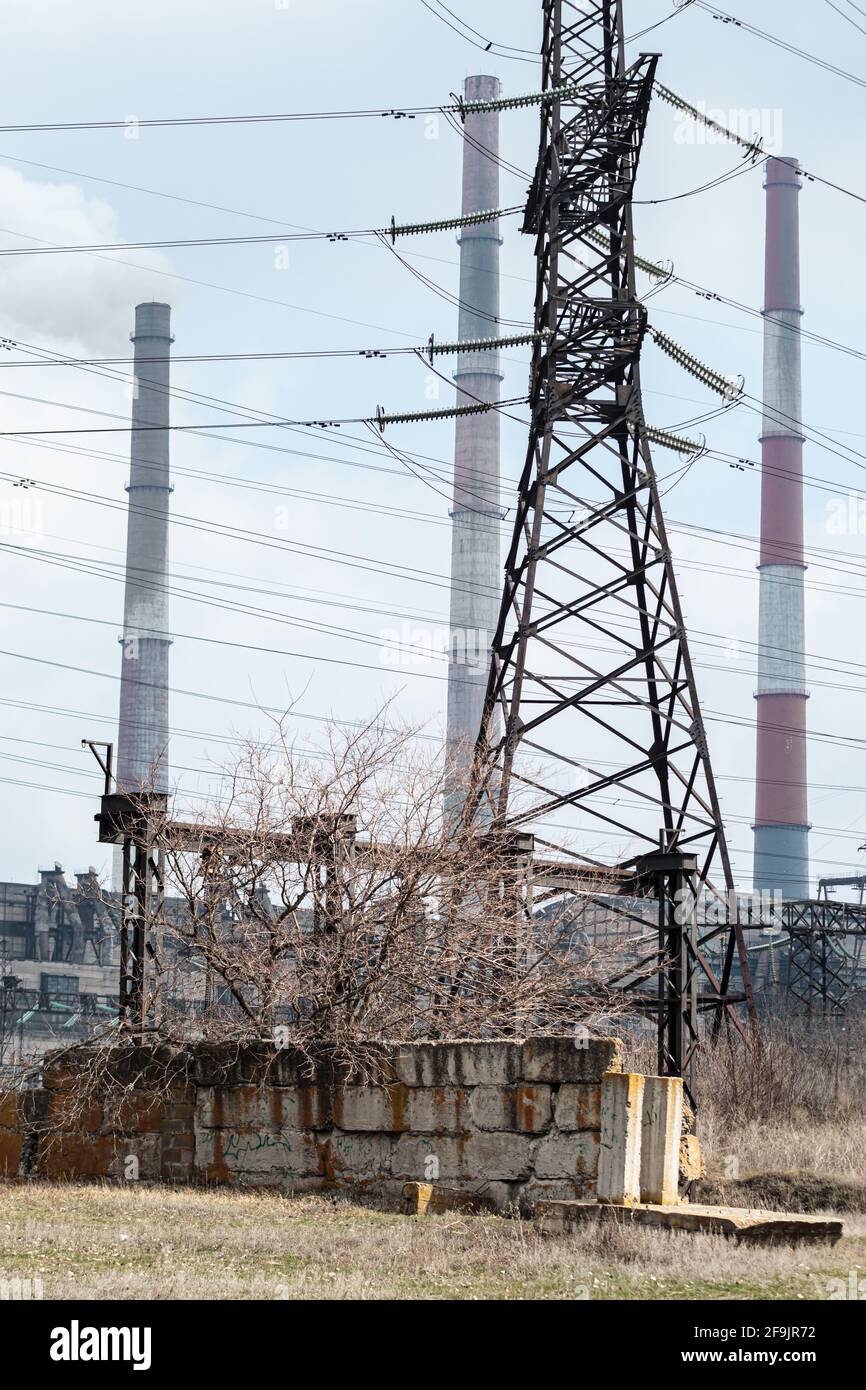 Electric power tower. Electricity transmission network. High voltage ...