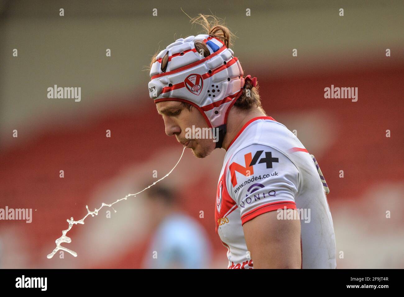 St. Helens, England - 16th April 2021 - Theo Fages of St Helens spits ...