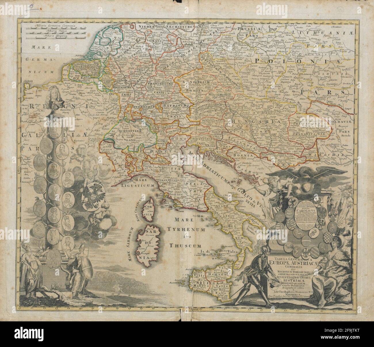 Vintage hand drawn Homann's map of Central Europe from 18th century ...