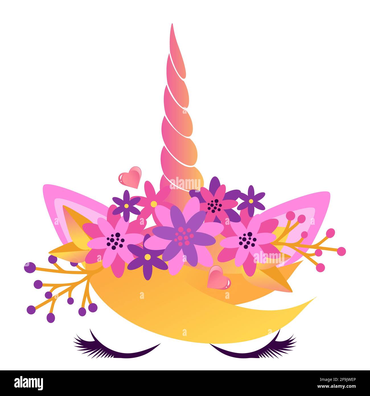 Vector unicorn face with closed eyes and a wreath of flowers Stock ...