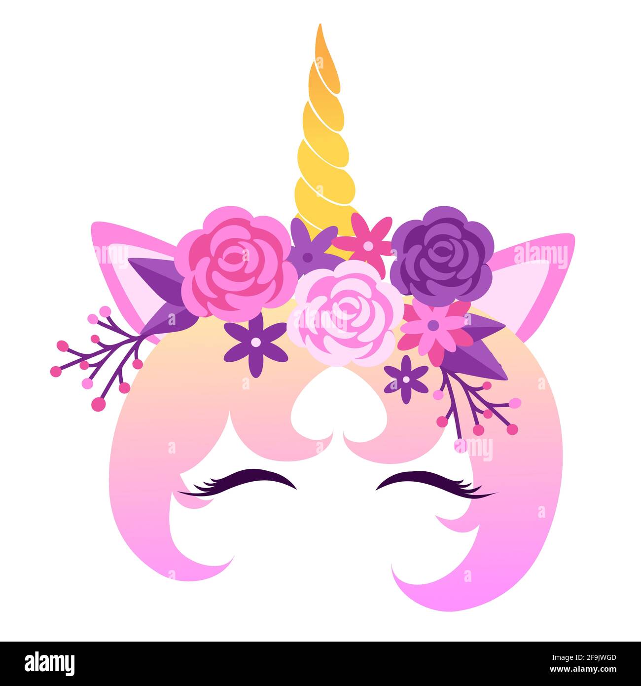 Vector unicorn face with closed eyes and a wreath of flowers Stock ...