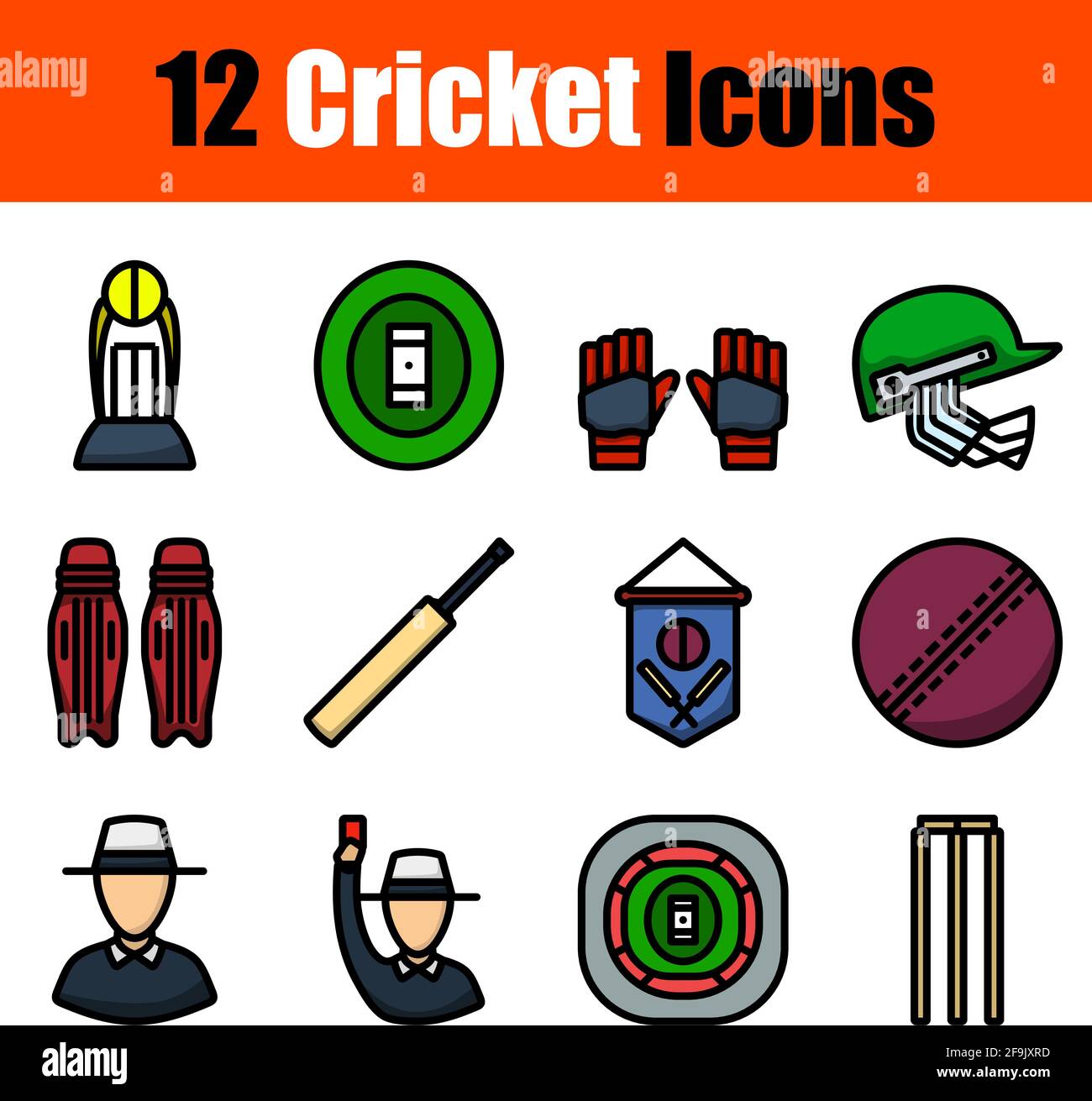 Cricket Icon Set. Editable Bold Outline With Color Fill Design. Vector ...