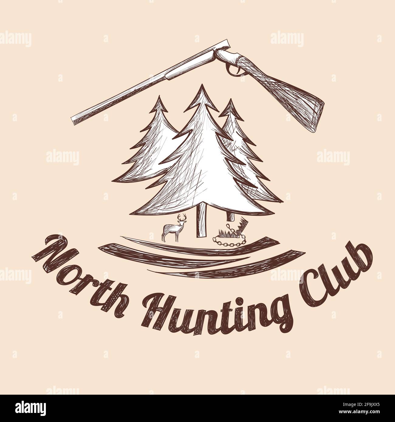 Hunting retro sketch design. Folded shotgun over fir tree forest, deer ...