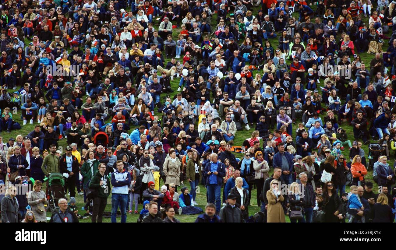 Aerial view of Crowd of people at Blonie Warszawa to watch Warsaw ...
