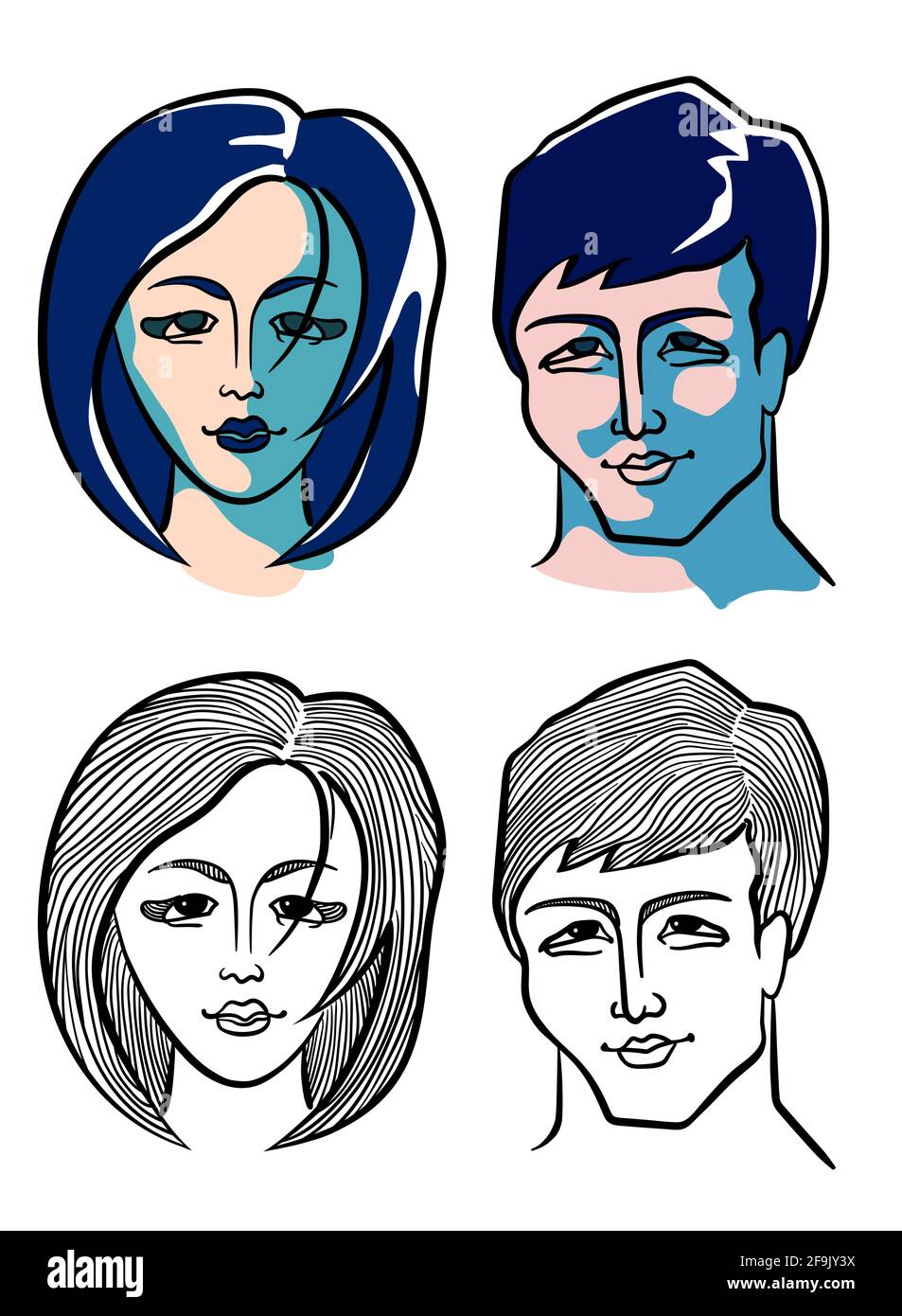 Male and female faces of Asian type. Two options: black and white line ...