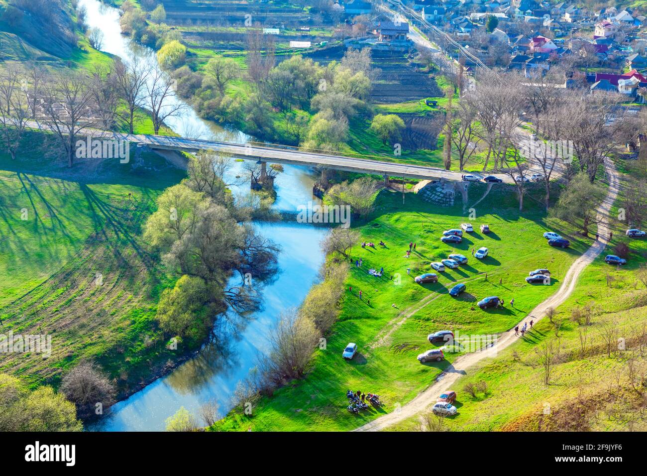 Picnic in village Trebujeni from Moldova . Aerial view of rural area ...