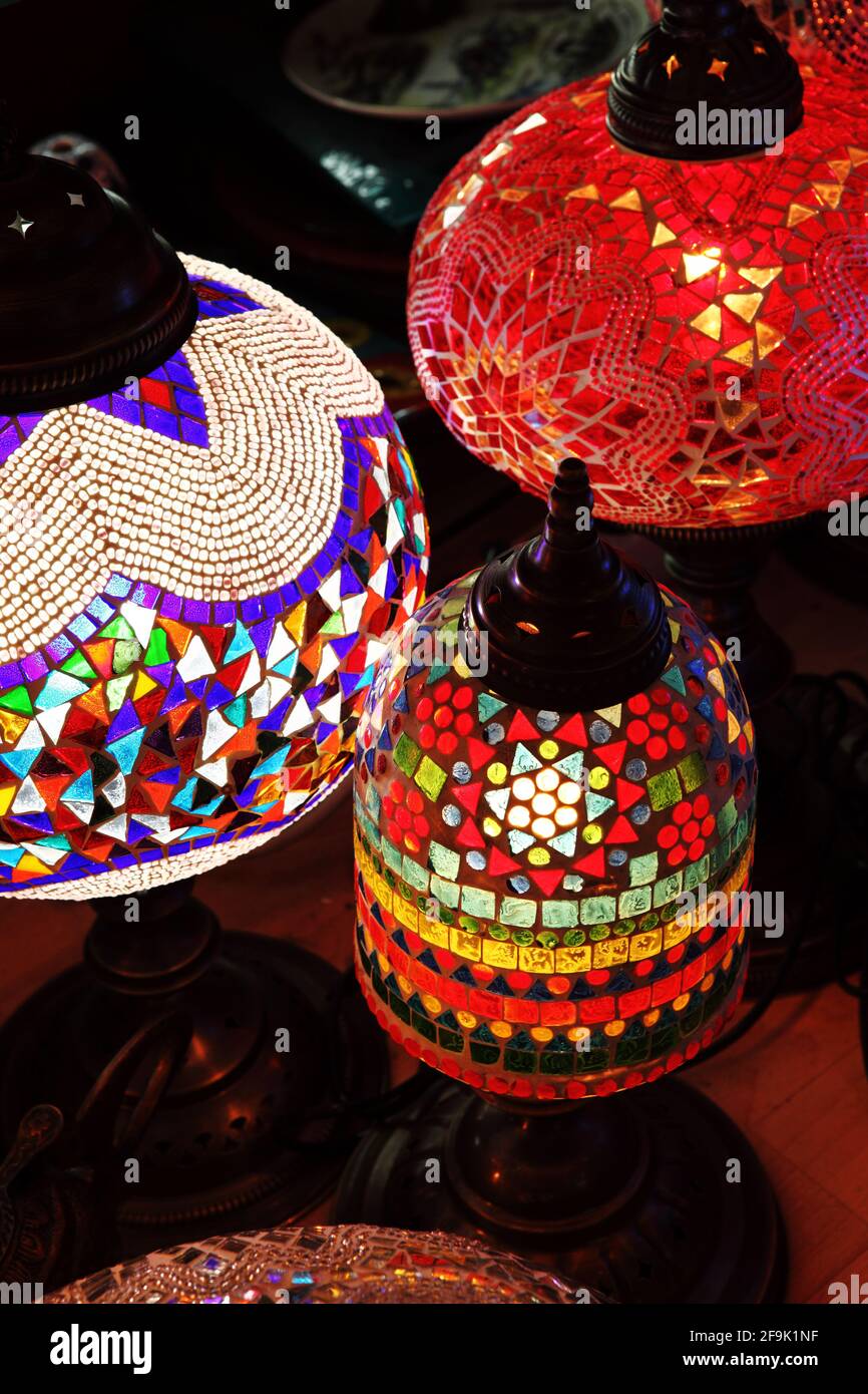Turkish glass mosaic lamps on display at a shop in Grand Bazaar ...