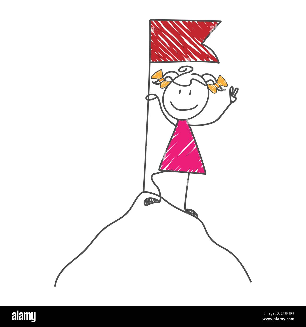 Cartoon character of a girl with a flag on the top of a mountain ...