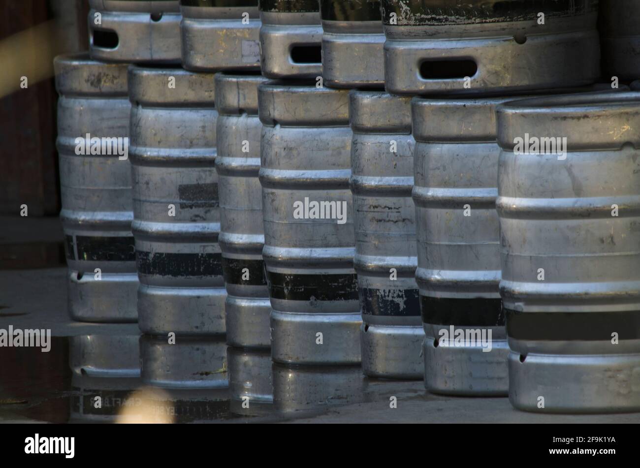 metal beer kegs ready to be transported. craft or industrial beer with ...