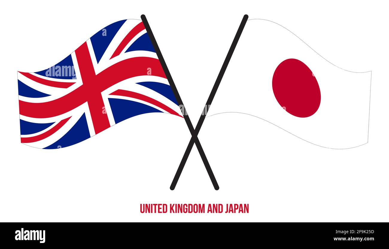 United Kingdom and Japan Flags Crossed And Waving Flat Style. Official ...