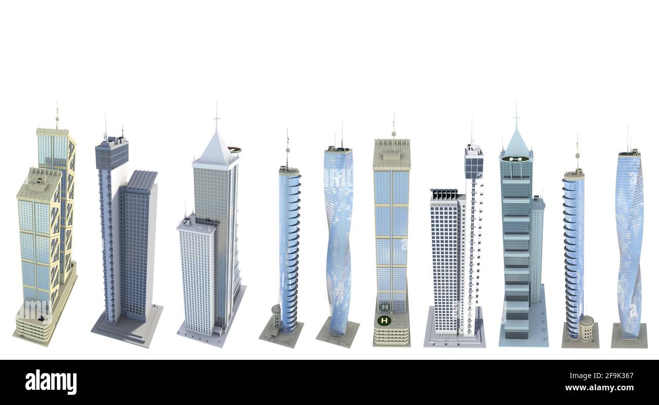 Set of very detailed futuristic skyscrapers with fictional design and ...