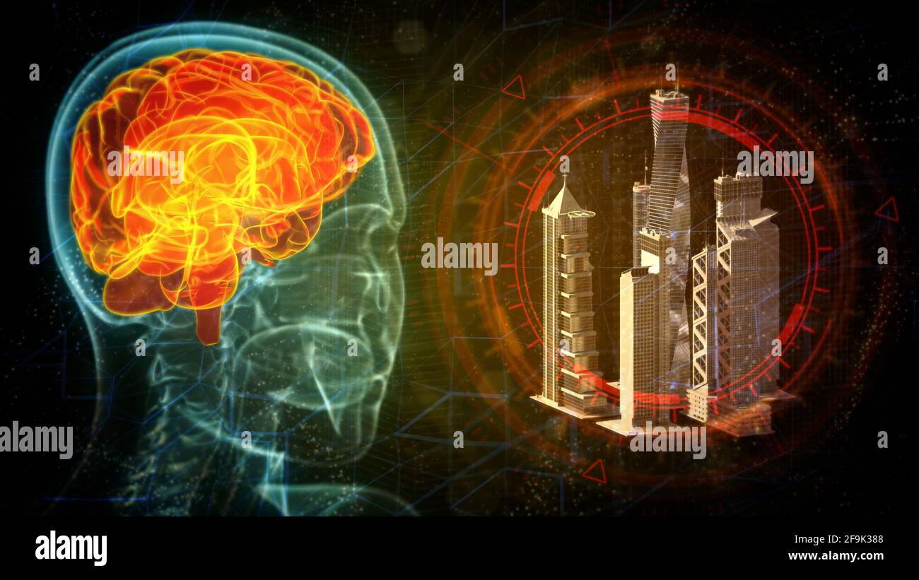 brain struck by urban, cg industry 3d illustration Stock Photo - Alamy