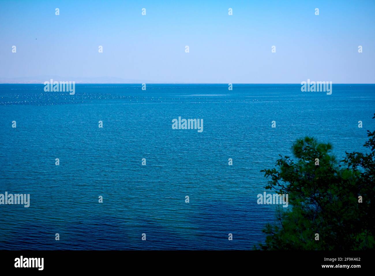 Farm of seashells are placed on an open sea and silhouettes of far away ...