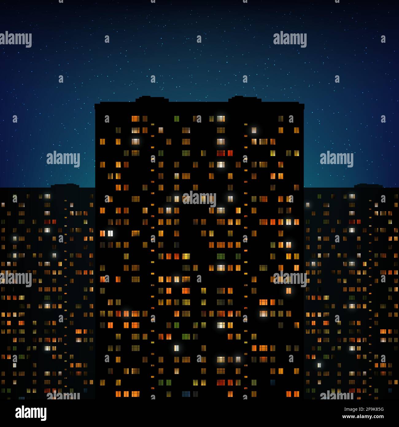 Glowing gold windows of buildings, stars in night sky. View from window ...