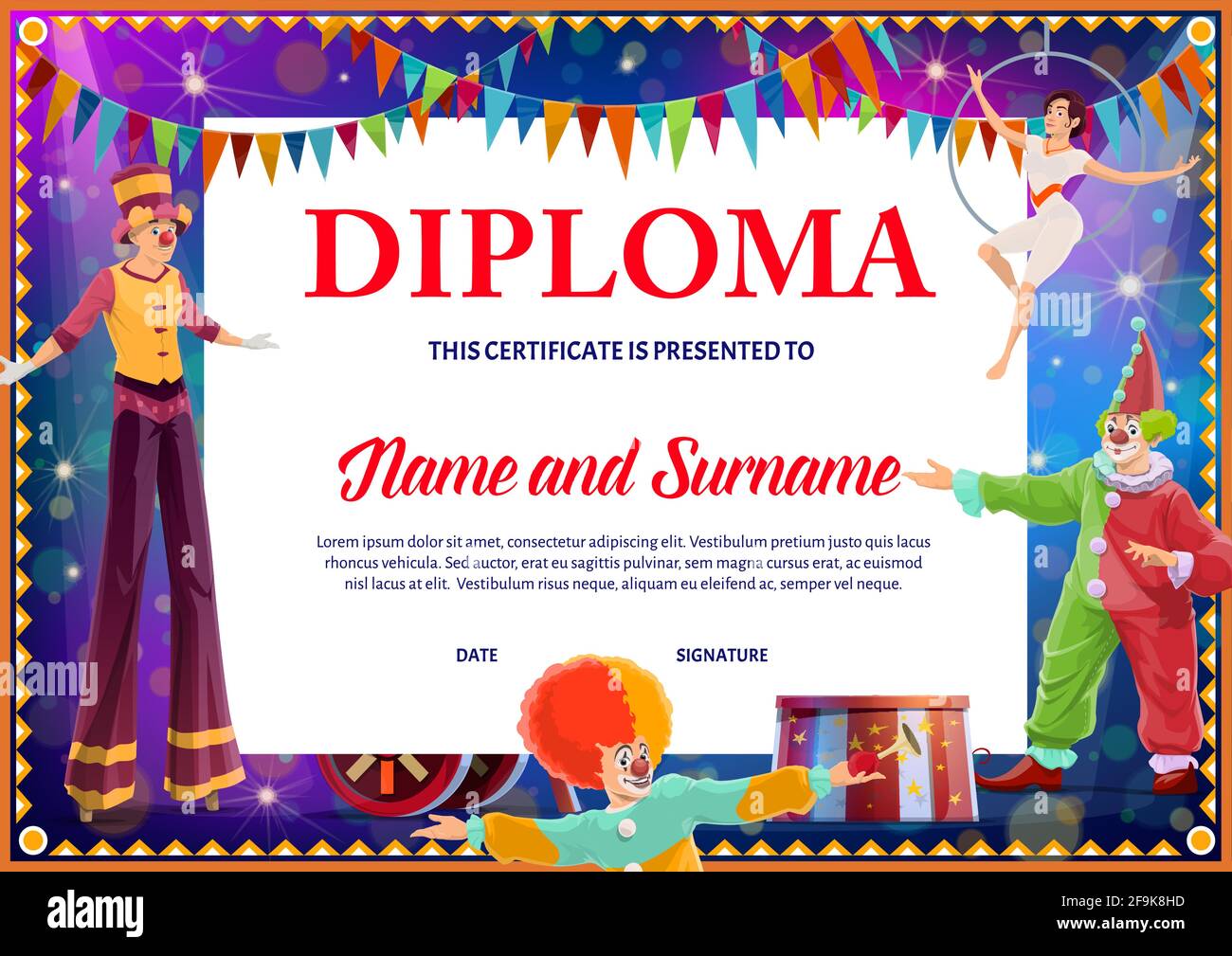 Kids diploma with circus clowns and gymnast. Education vector ...