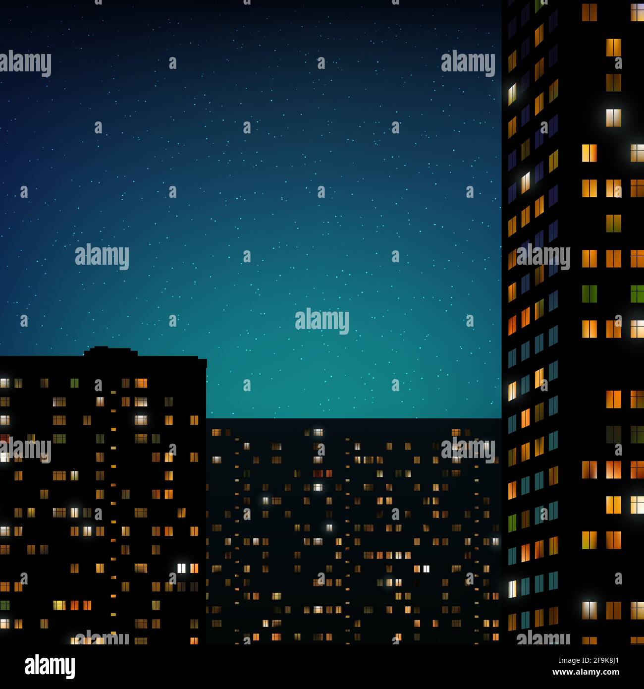 Glowing gold windows of buildings, stars in night sky. View from window ...