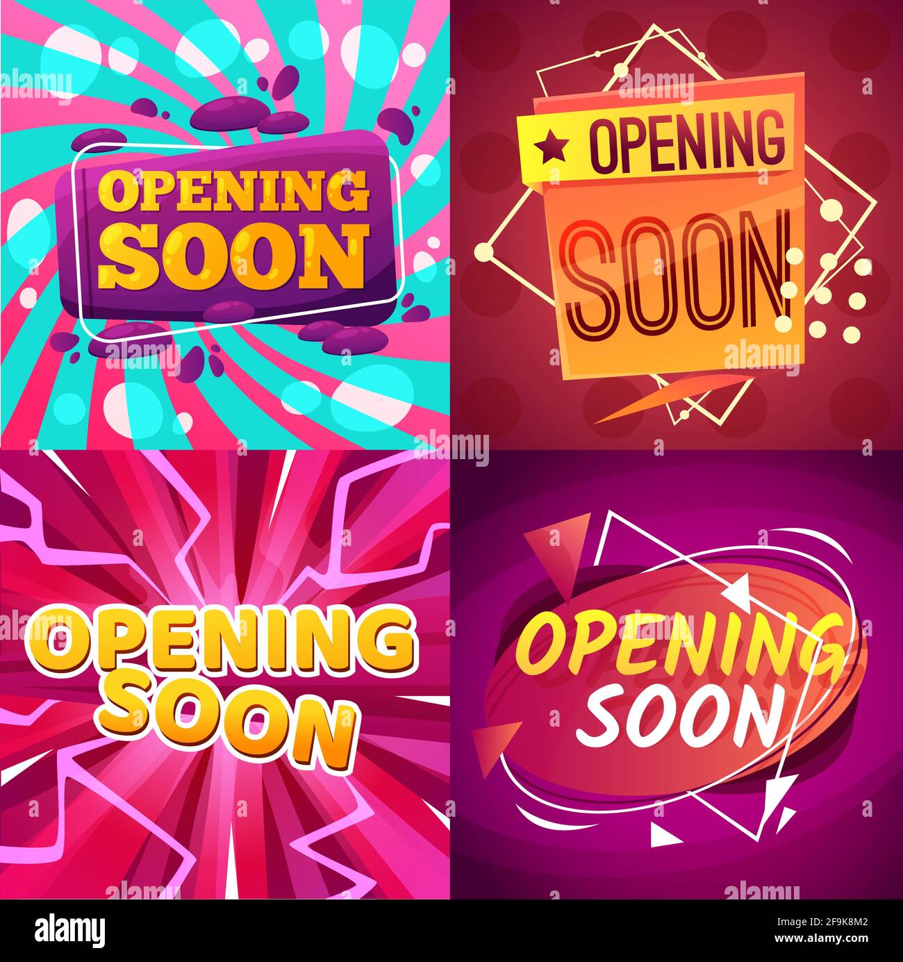 Opening soon cartoon banners vector promotion and announcement design ...