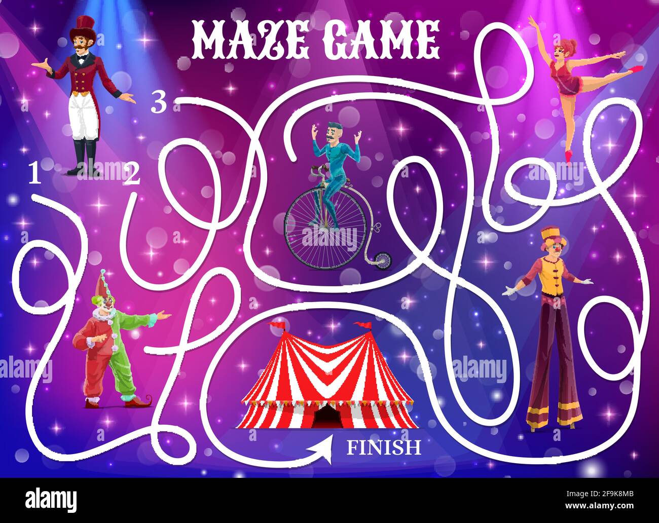 Circus labyrinth maze game. Vector kids boardgame help artists reach ...