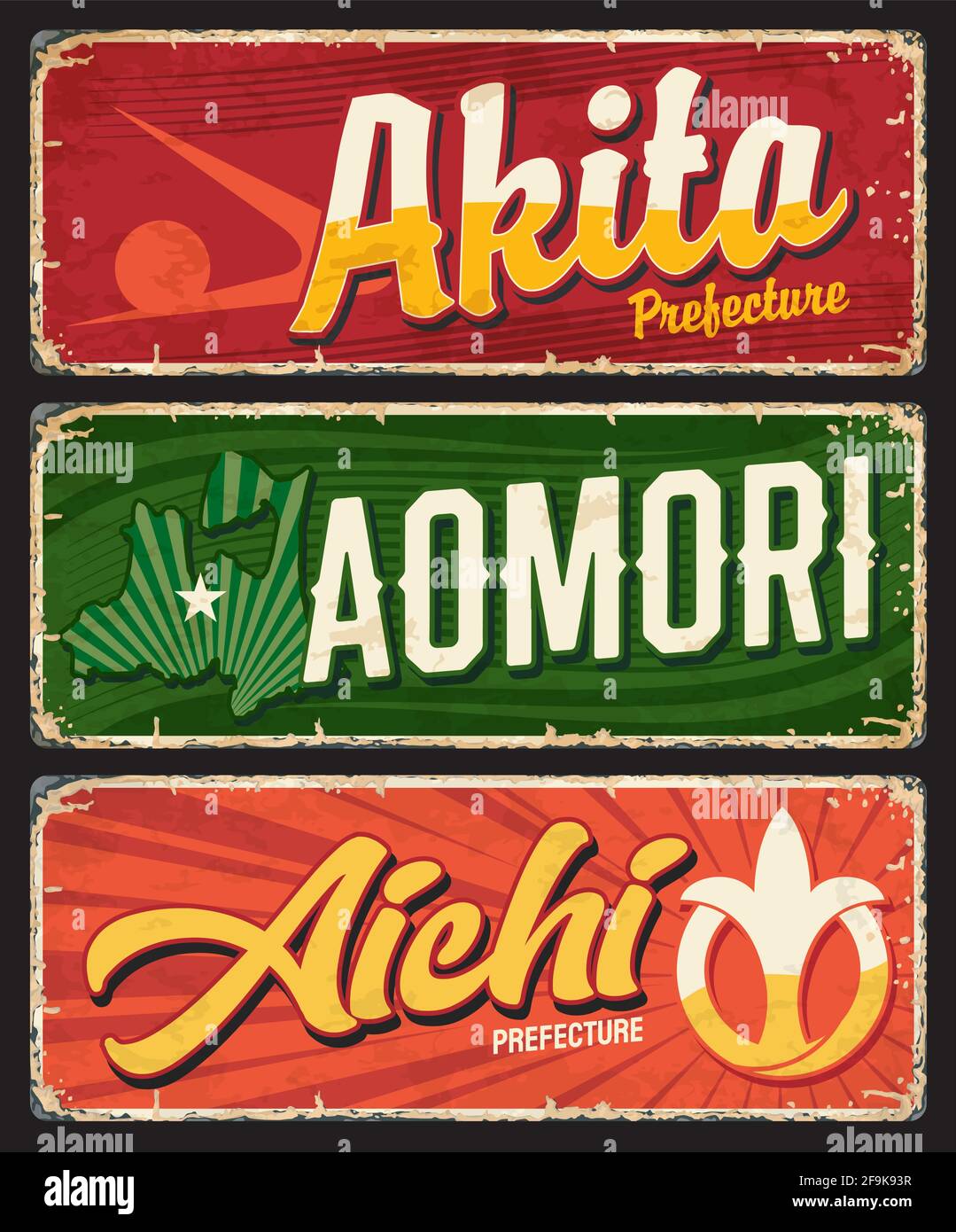 Akita, Aomori and Aichi tin vector plate, Japan prefecture sign ...