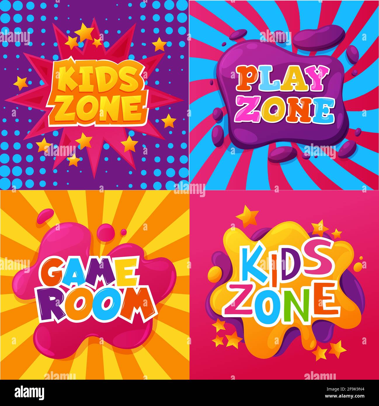 Kids zone, game and play room, child playground signs, vector posters ...