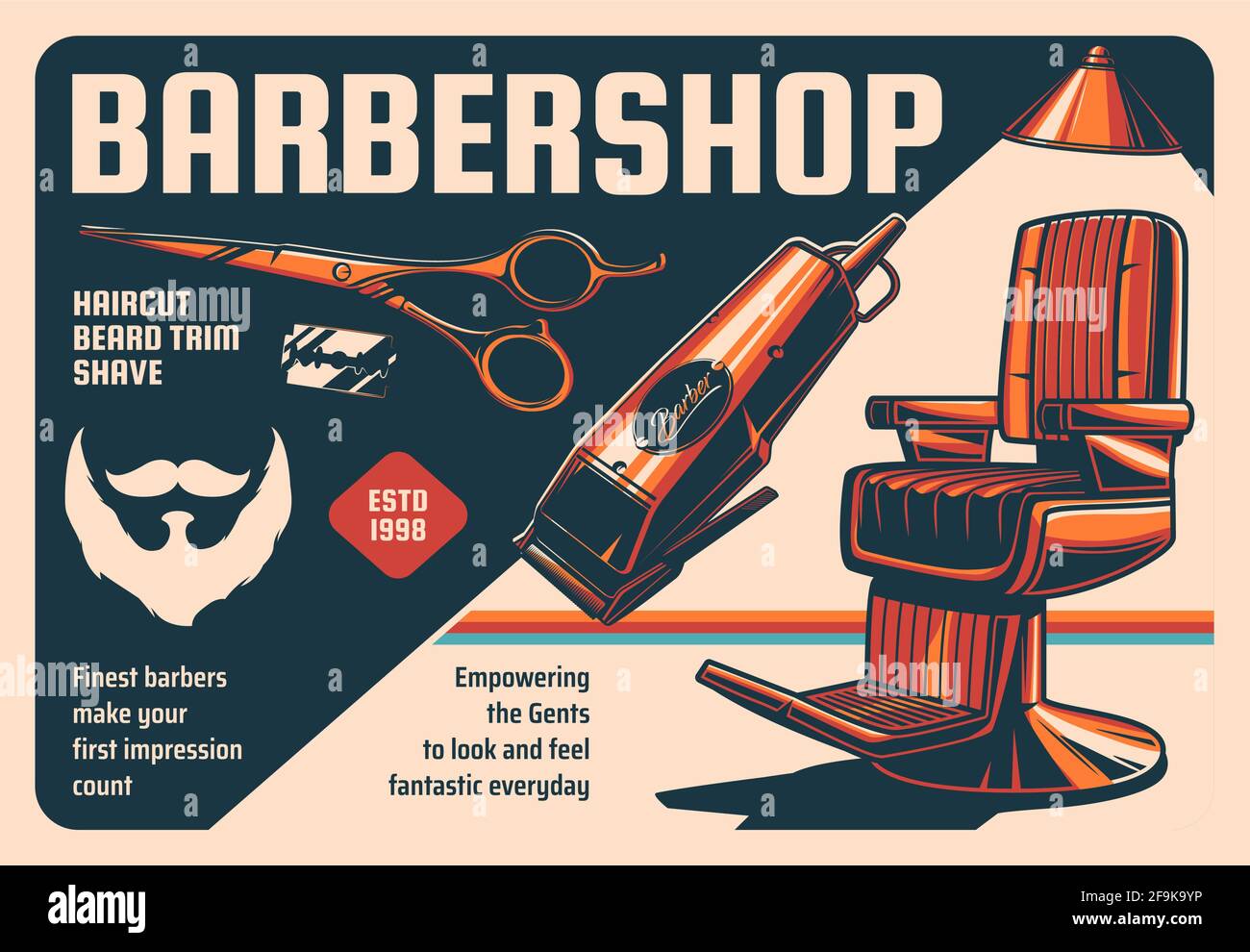 Barbershop vintage vector poster. Armchair and equipment shaving ...
