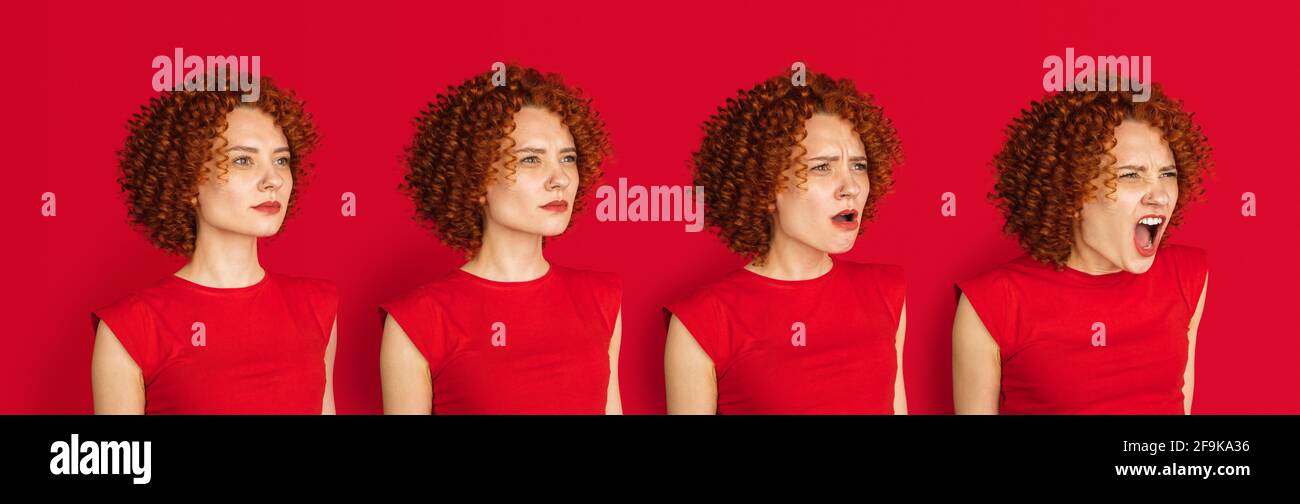 Evolution of emotions. Caucasian woman's portrait isolated over red ...