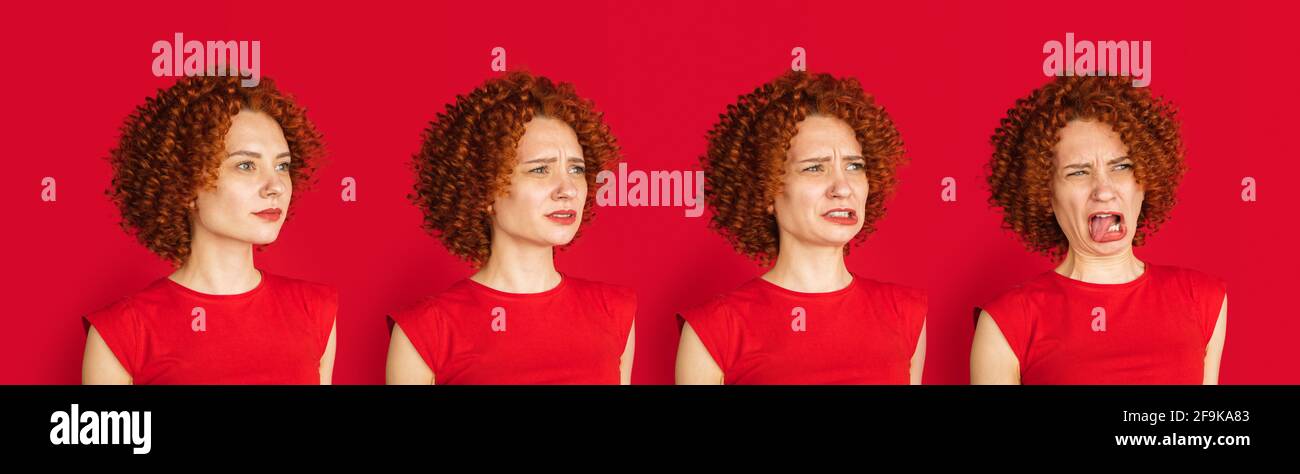Evolution of emotions. Caucasian woman's portrait isolated over red ...