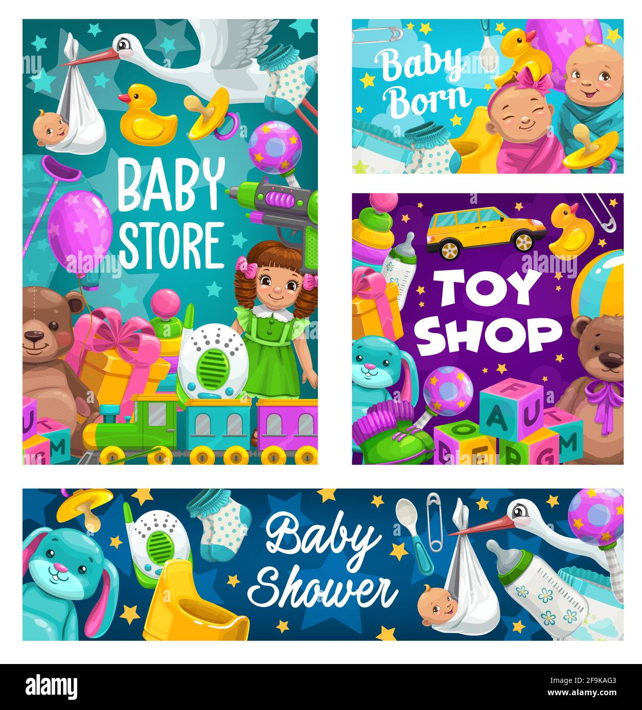 Baby shower, toys shop, kids store cartoon vector. Newborns and diaper ...
