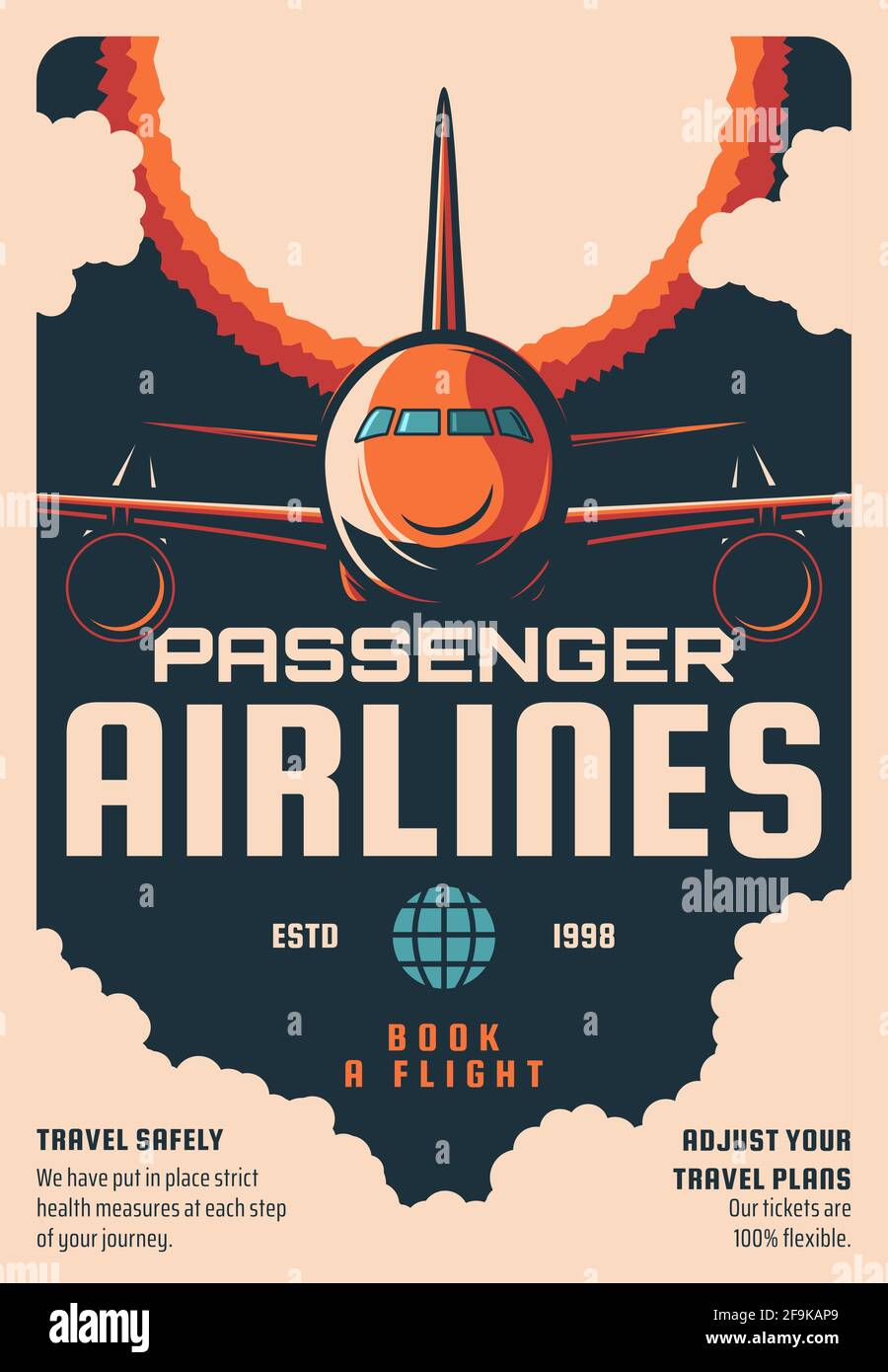 Passenger airlines flights booking service retro poster. Modern ...