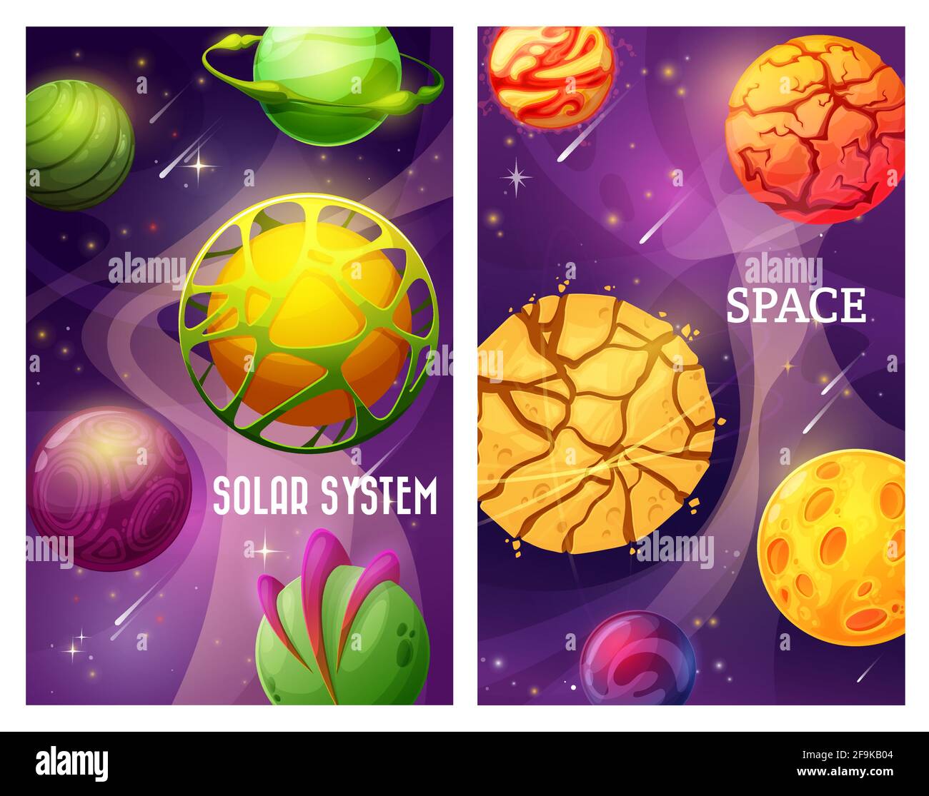 Fantasy space galaxy, cartoon vector alien world planets with stars and ...