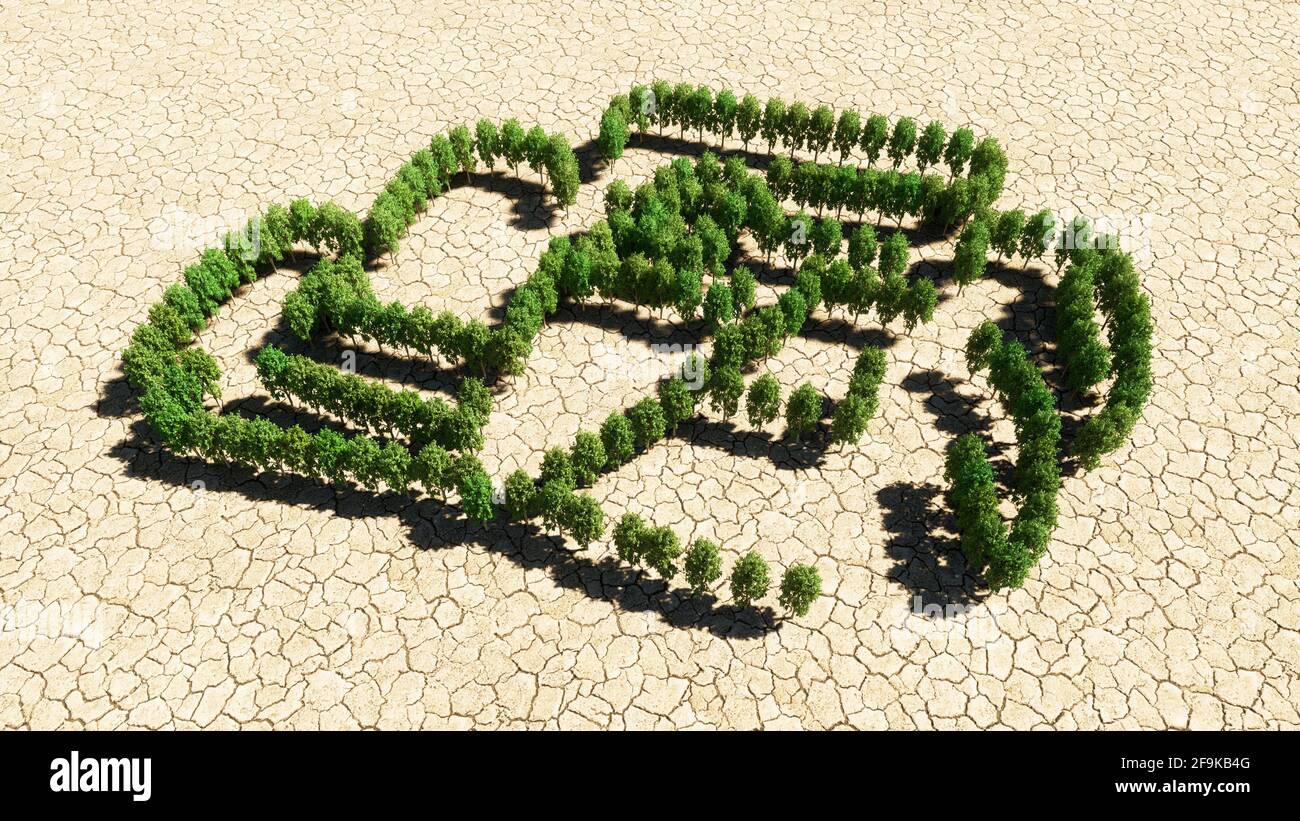 Concept or conceptual group of green forest tree on dry ground ...
