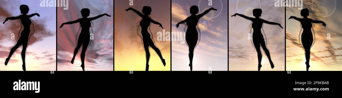 Conceptual fat overweight obese female vs slim fit healthy body after ...