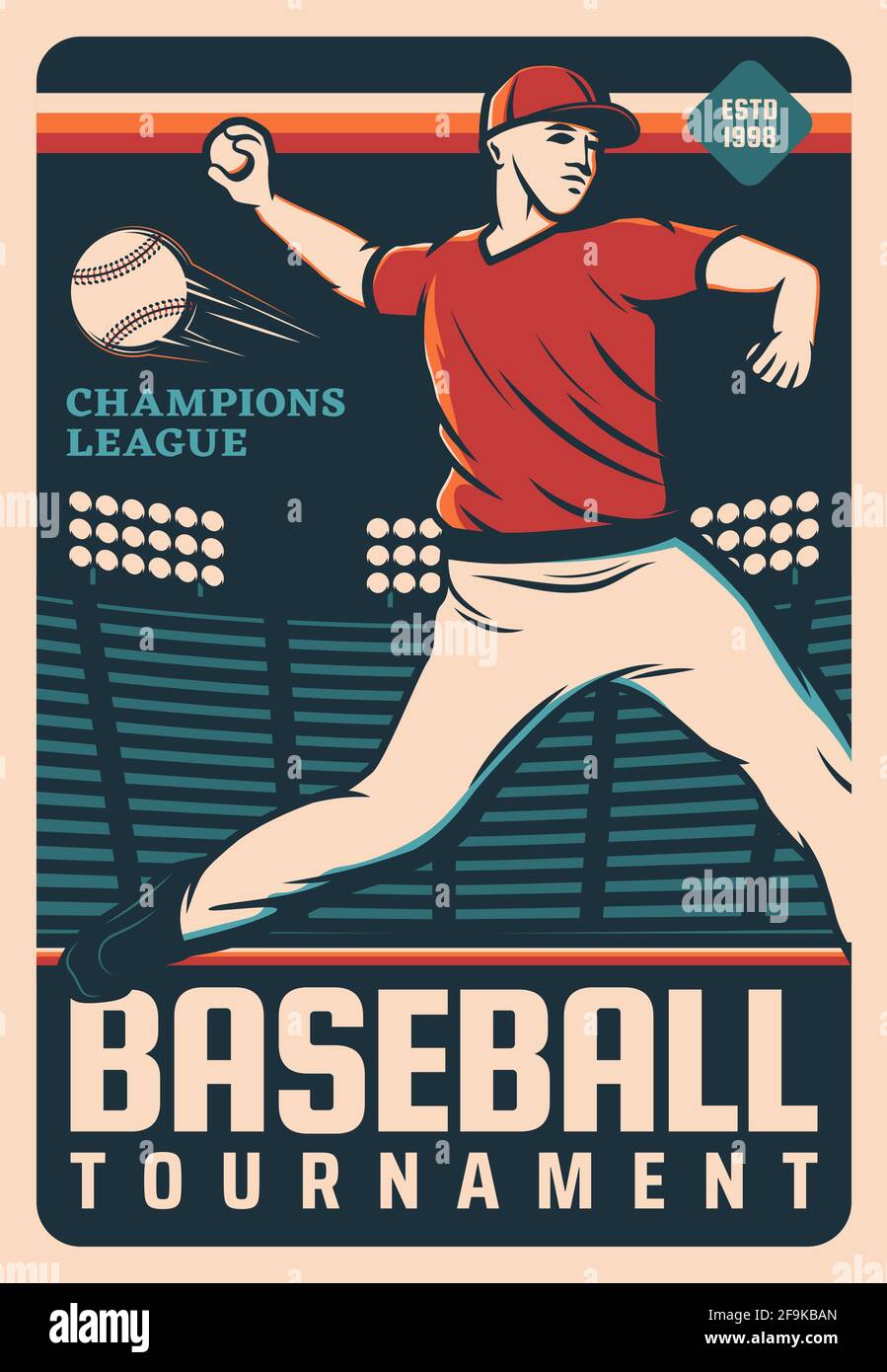 Pitcher baseball player with ball at sport stadium field. Vector retro ...