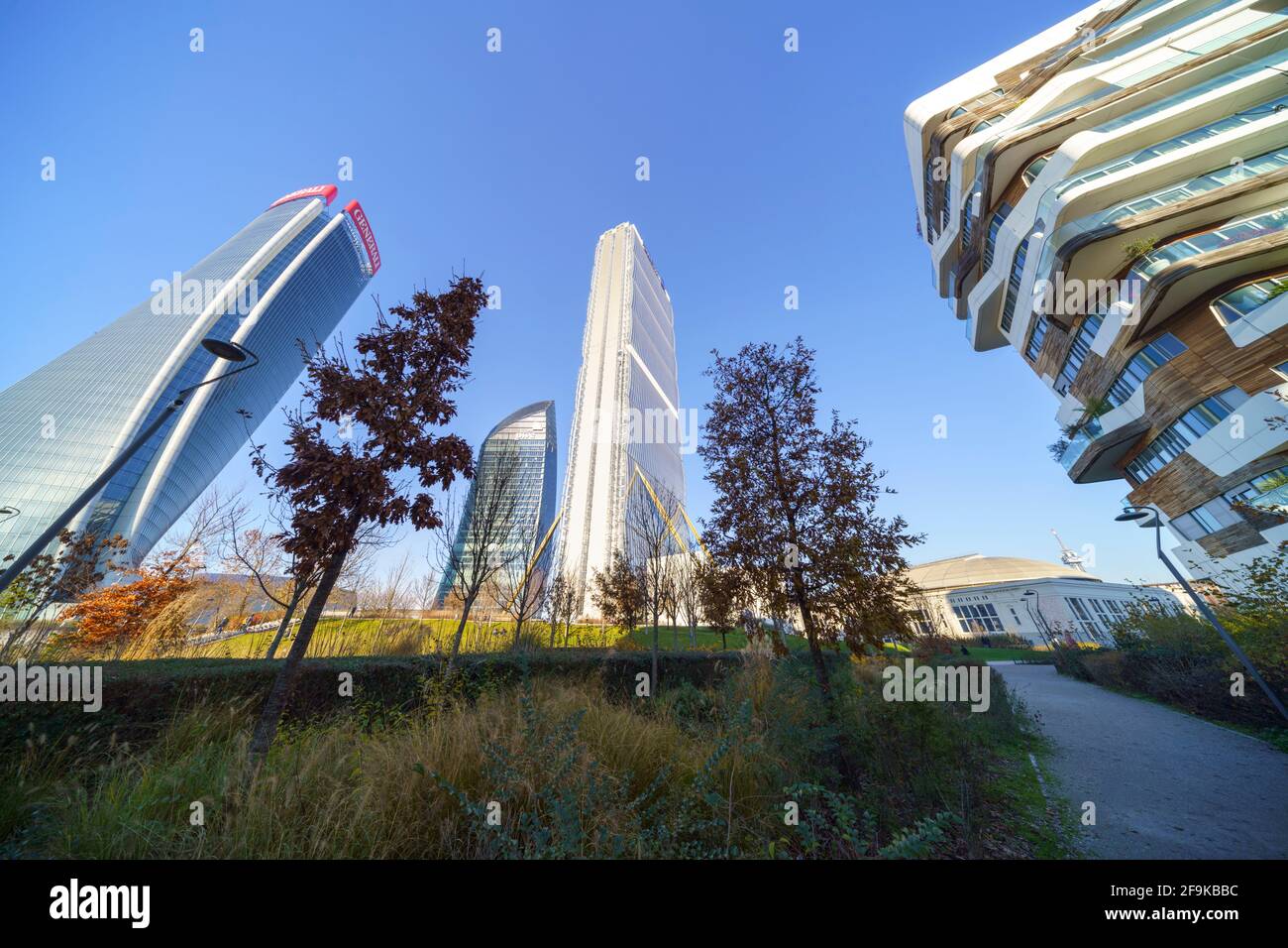Milan, Italy: modern Citylife park with the residential Hadid buildings ...
