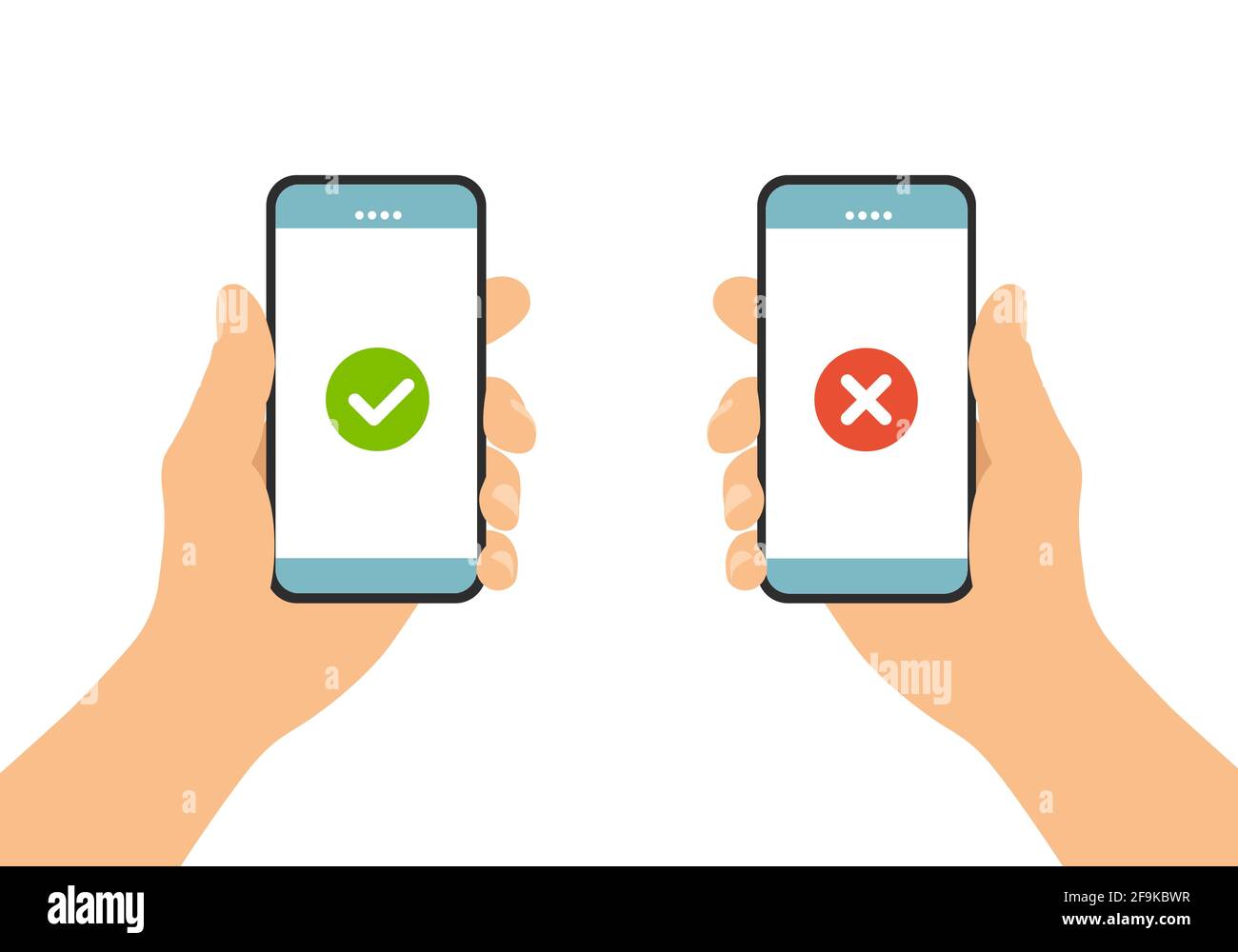 Set Flat design illustration of male hand holding touch screen mobile phone. Agree and reject on ...