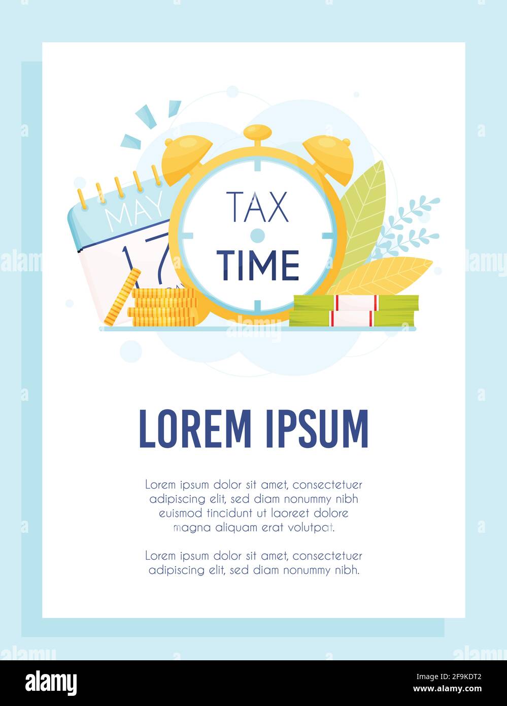 Tax time flyer concept. Calendar with due date. Alarm clock, cash and ...